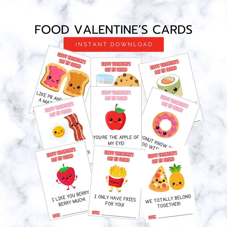 9 Fun Food Valentine's Day Cards for Kids Digital Download Food Themed ...