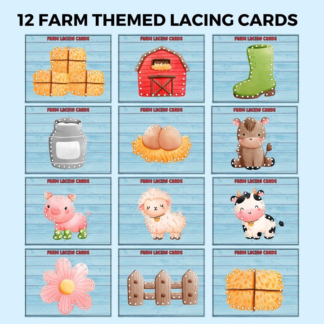 Farm Lacing Cards for Kids | Toddler Lacing Cards | Farm Themed Lacing ...