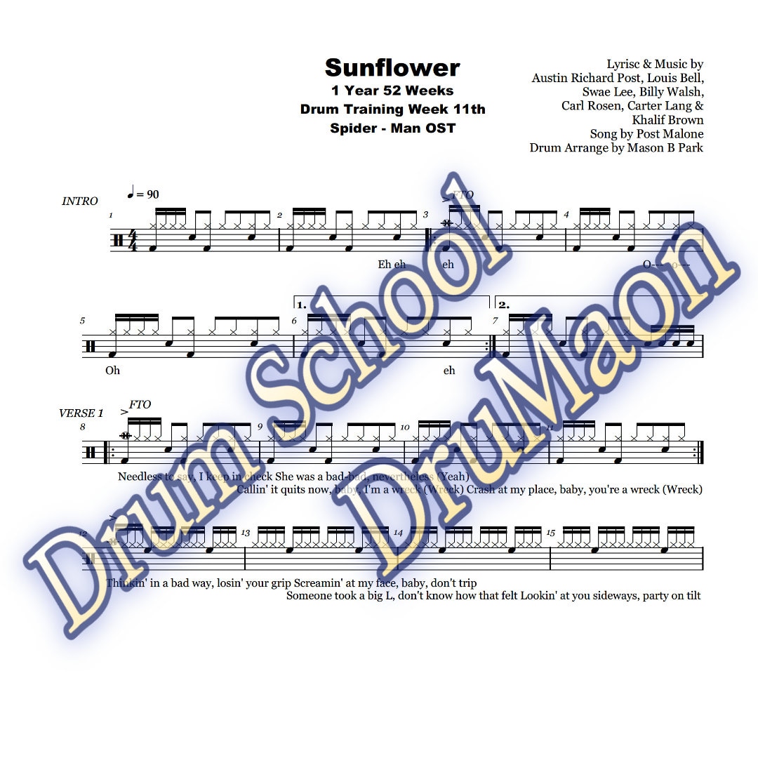 Sunflower-post Malone Drum Tutorial Drum Music Sheet - Etsy