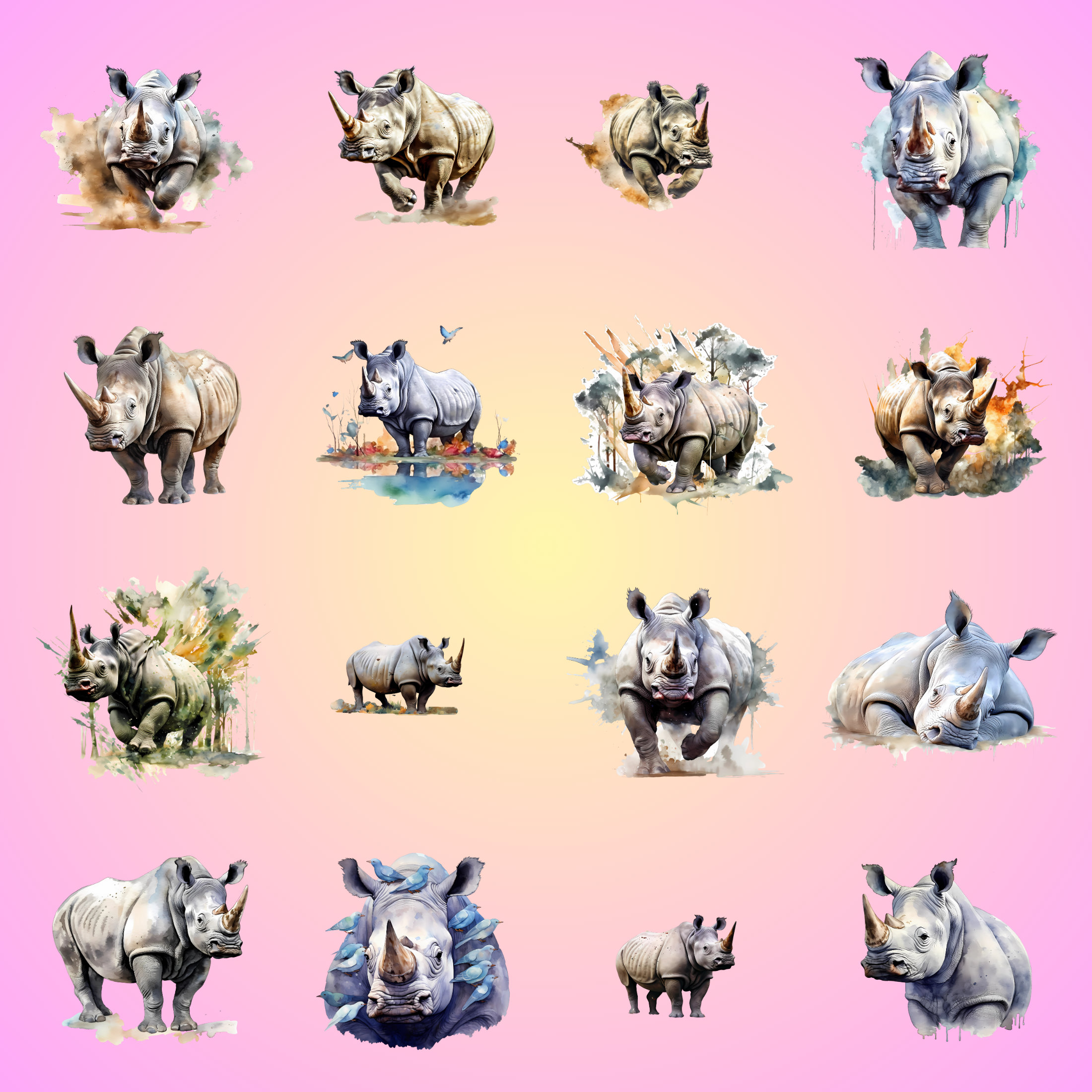 Rhino Watercolor Clipart Transparent Background PNG Drawing - Etsy