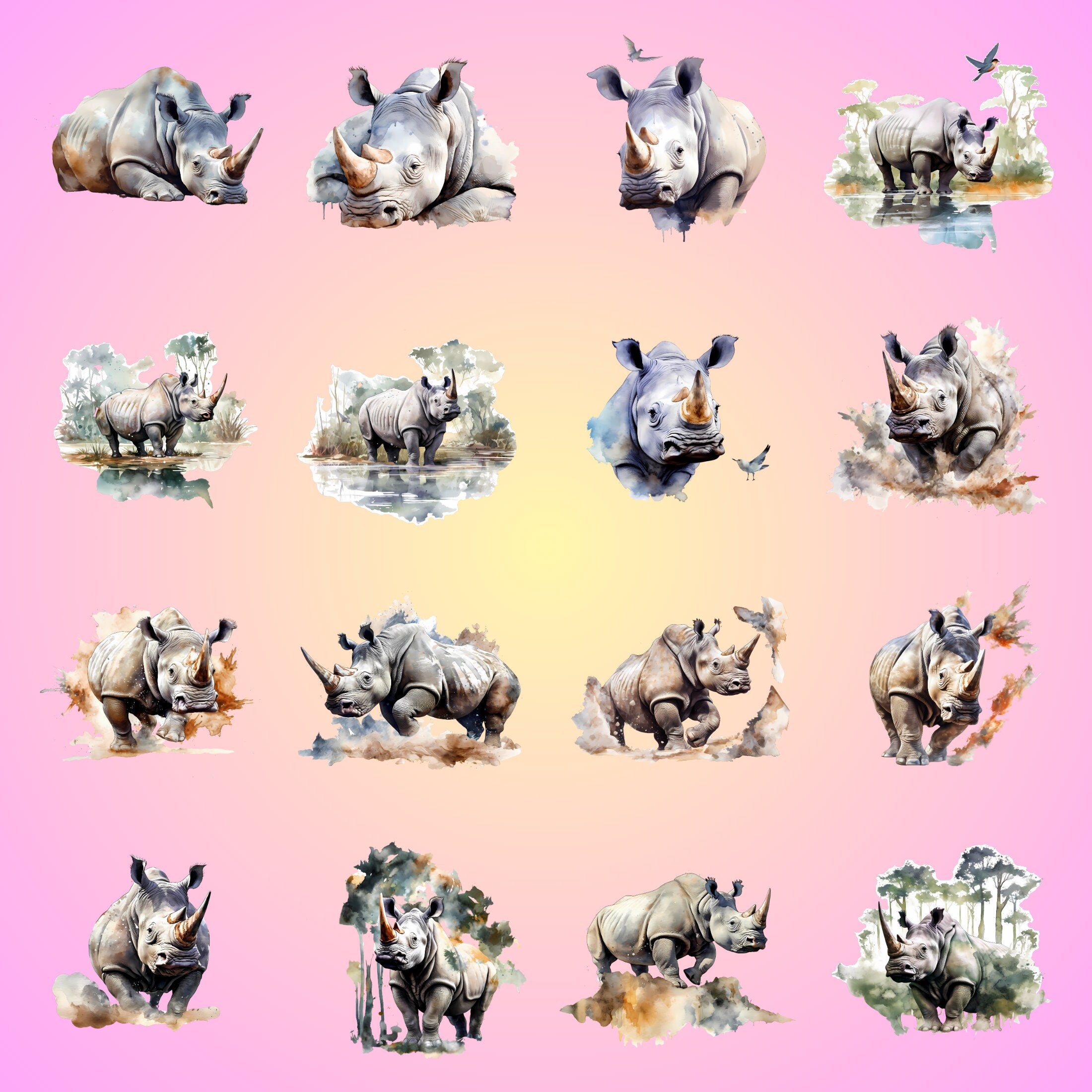 Rhino Watercolor Clipart Transparent Background PNG Drawing - Etsy