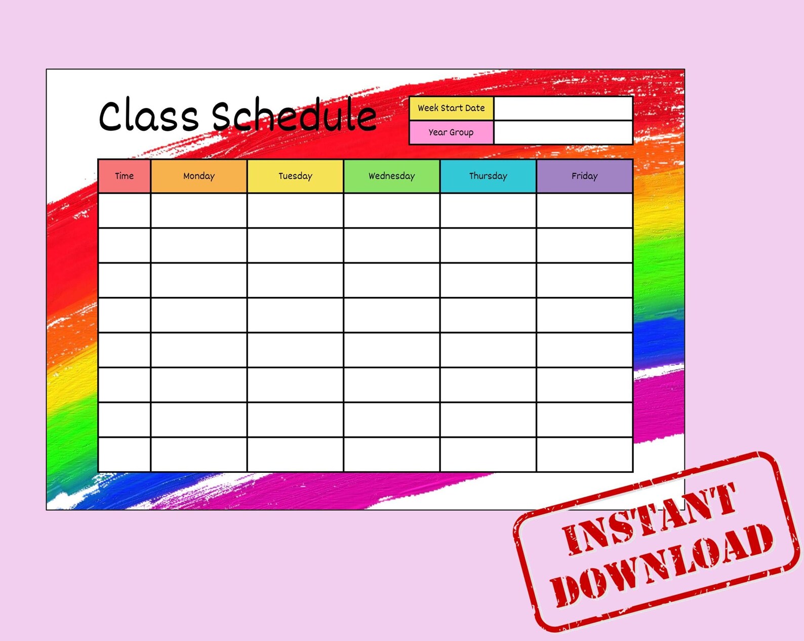 Printable Class Schedule (mon-fri) PDF Download With Rainbow Background ...