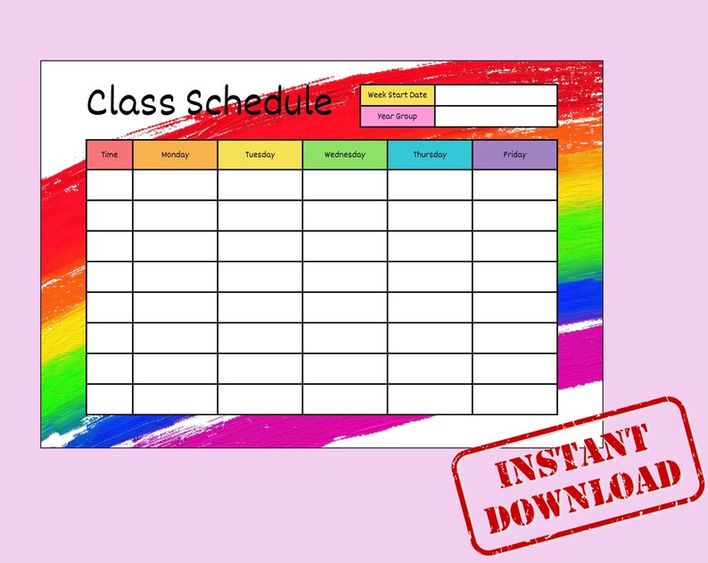 Printable Class Schedule (mon-fri) PDF Download With Rainbow Background ...