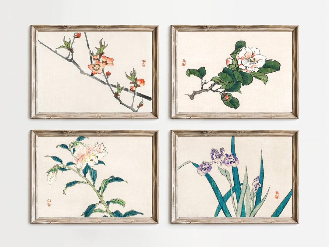 Japandi Style Set of 4 Flower Paintings Minimalist Floral Art, Modern ...