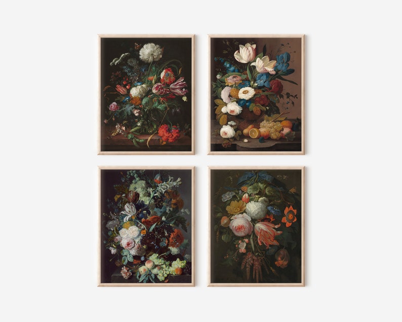 Eclectic Set of 4 Floral Vintage Print, Renaissance Wall Art, Flower ...
