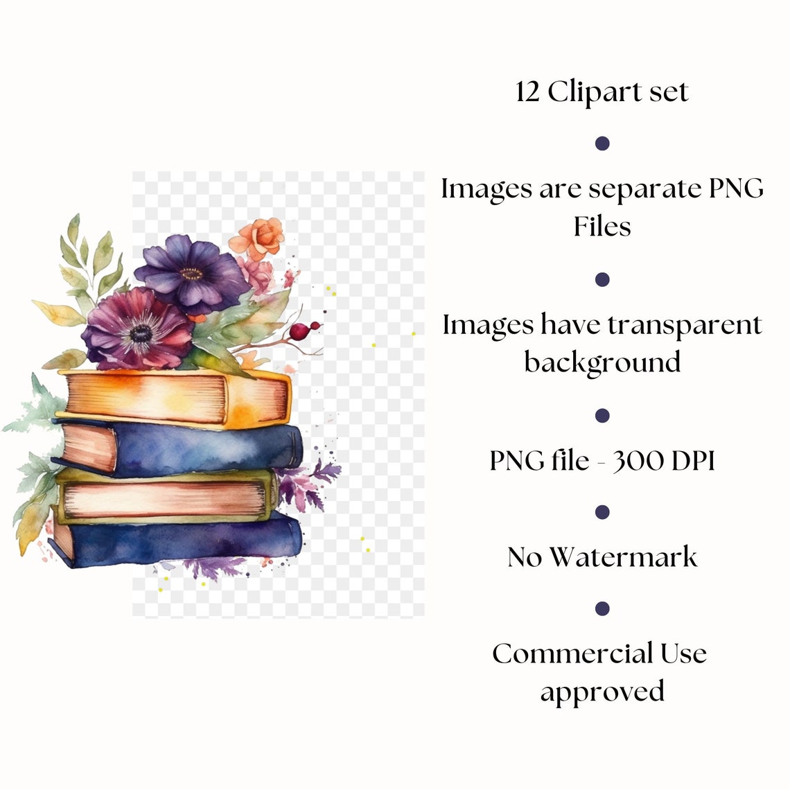 Watercolour Stacked Books Clipart, Stack of Books With Flowers, Candles ...