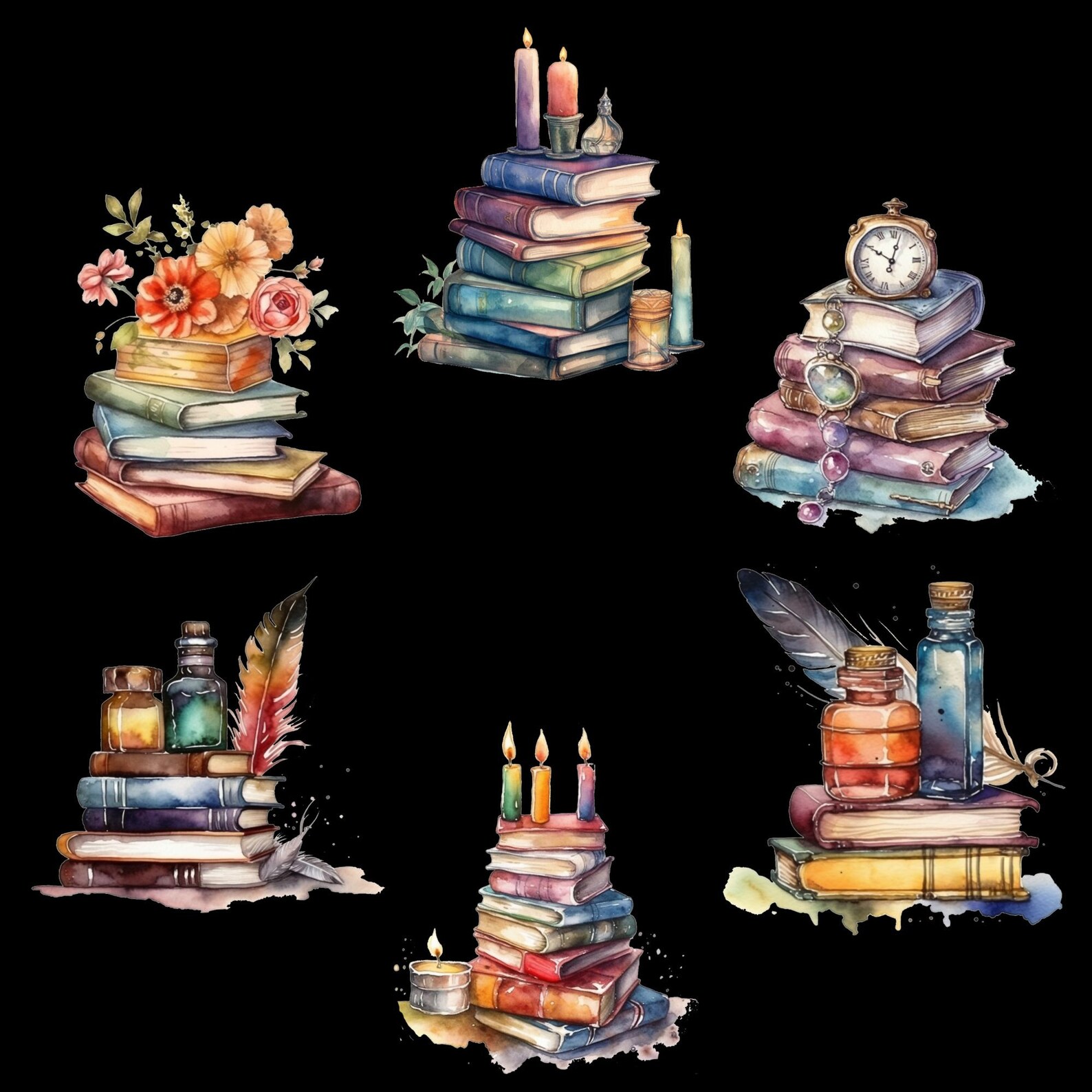 Watercolour Stacked Books Clipart, Stack of Books With Flowers, Candles ...