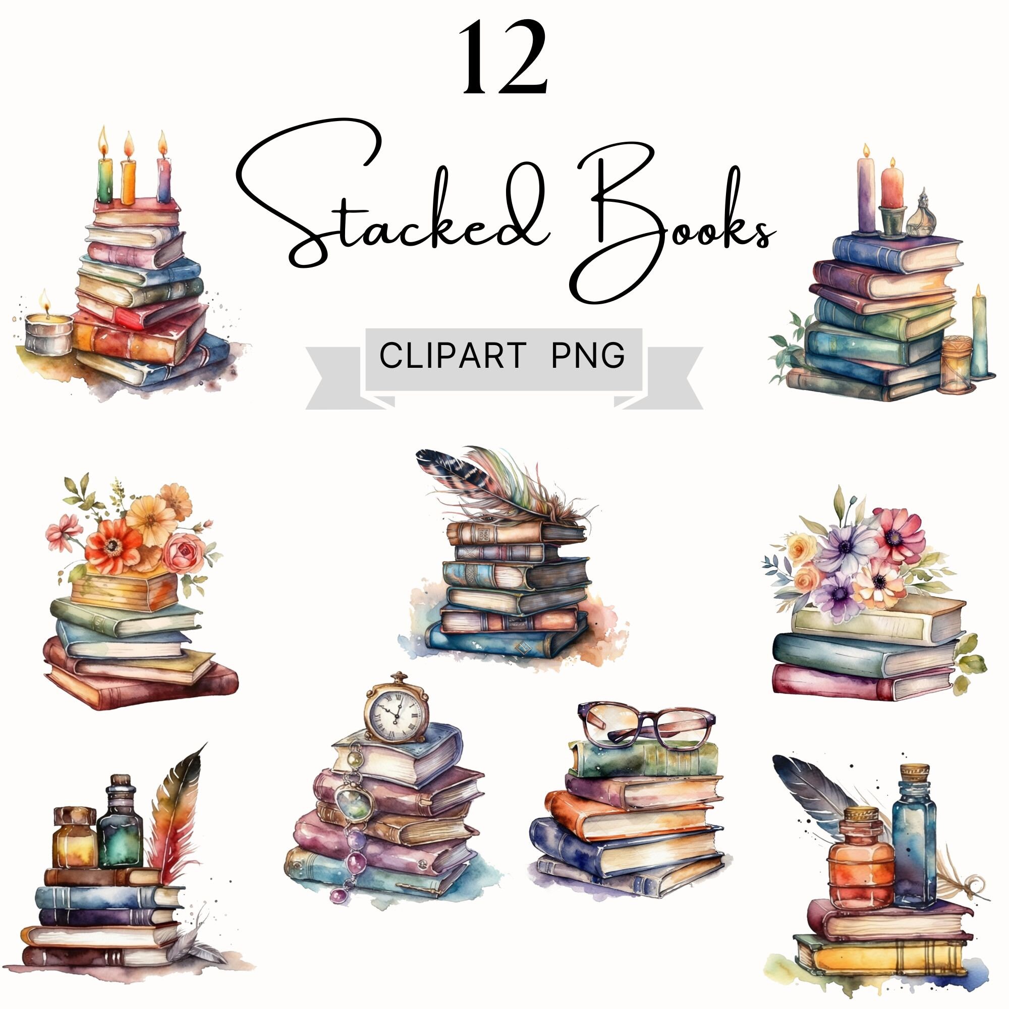Watercolour Stacked Books Clipart, Stack of Books With Flowers, Candles ...
