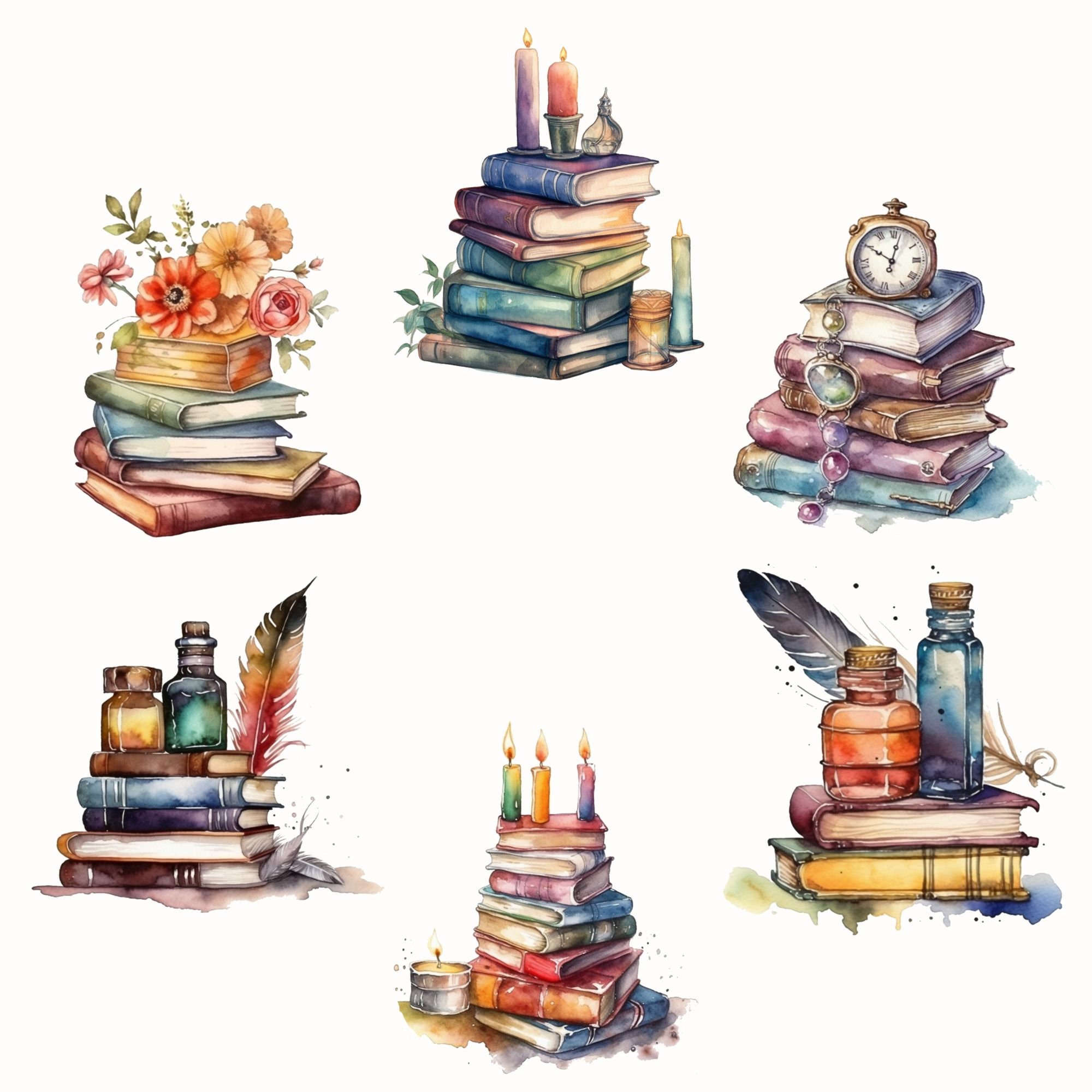 Watercolour Stacked Books Clipart, Stack of Books With Flowers, Candles ...