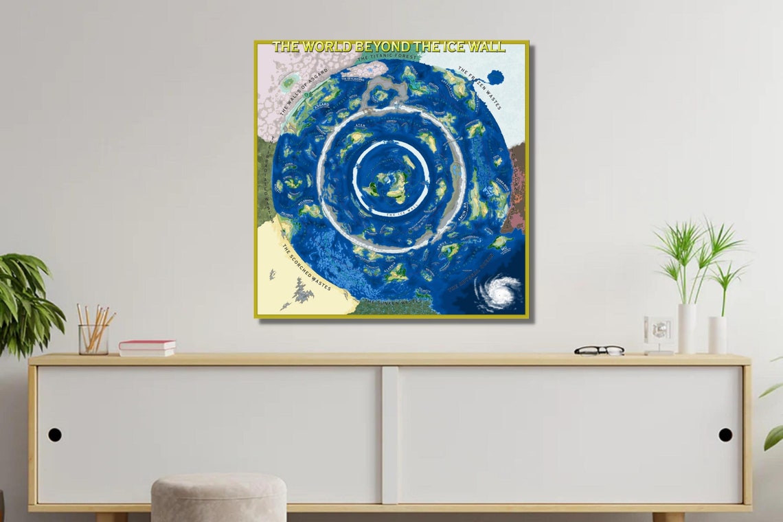 The World Beyond the Ice Wall Map Canvas Wall Art, Flat Earth Map ...