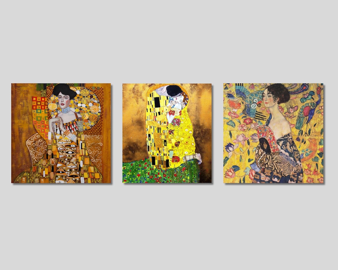 Set of 3 Gustav Klimt Lady With Fan Canvas Art, Klimt Adele Bloch Bauer ...