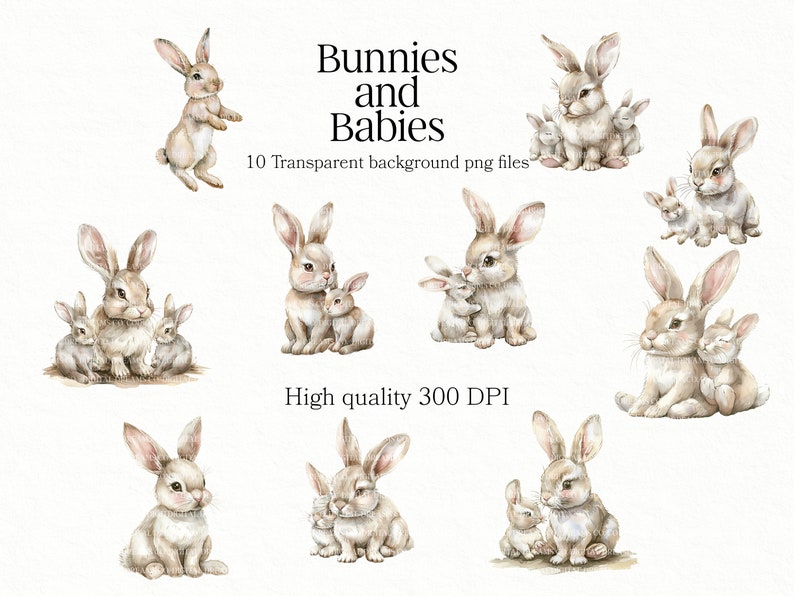 Watercolor Bunny Rabbit & Babies Clipart Easter Rabbits PNG, Bunny ...