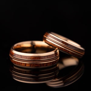 Guitar String Wedding Ring Set: Rose Gold Tungsten & Whiskey Barrel ...
