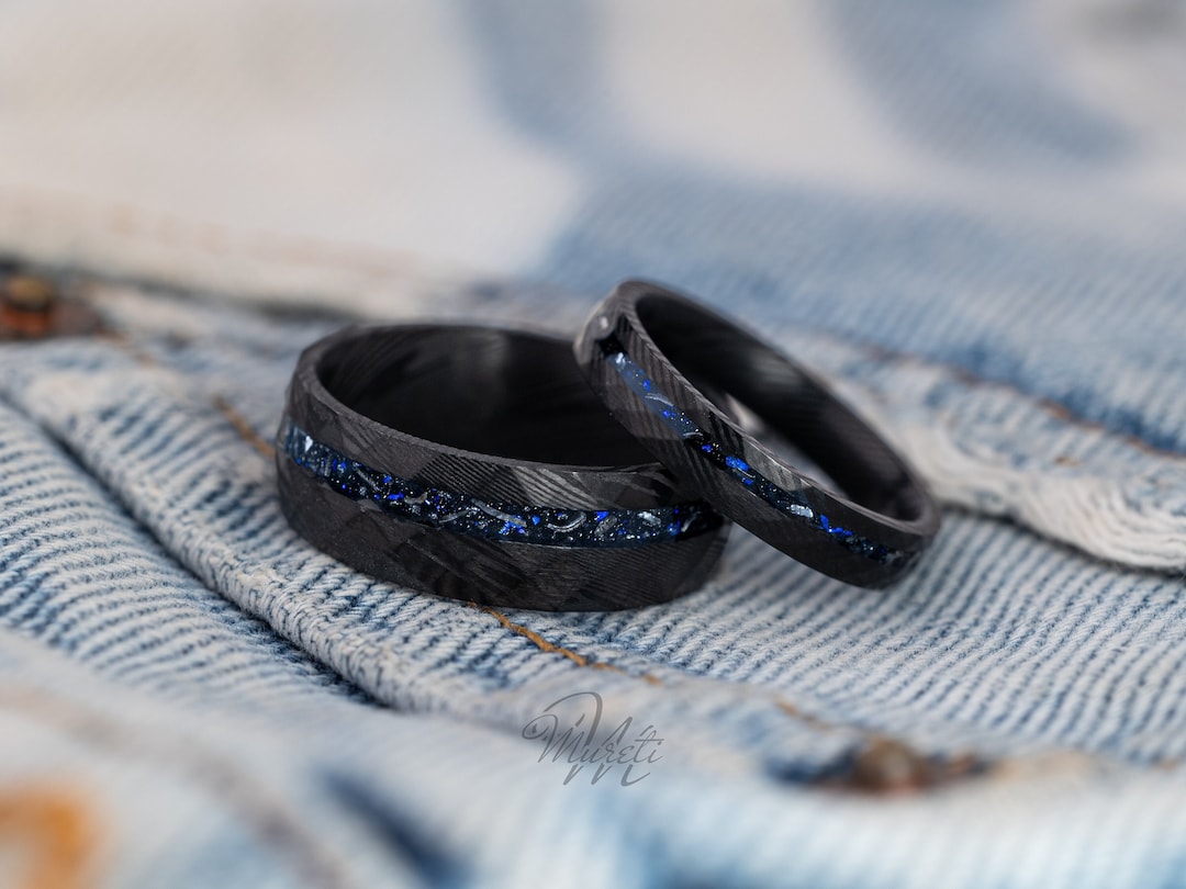Damascus Meteorite Ring Set: Nebula Galaxy Inlay, His and Hers Wedding ...