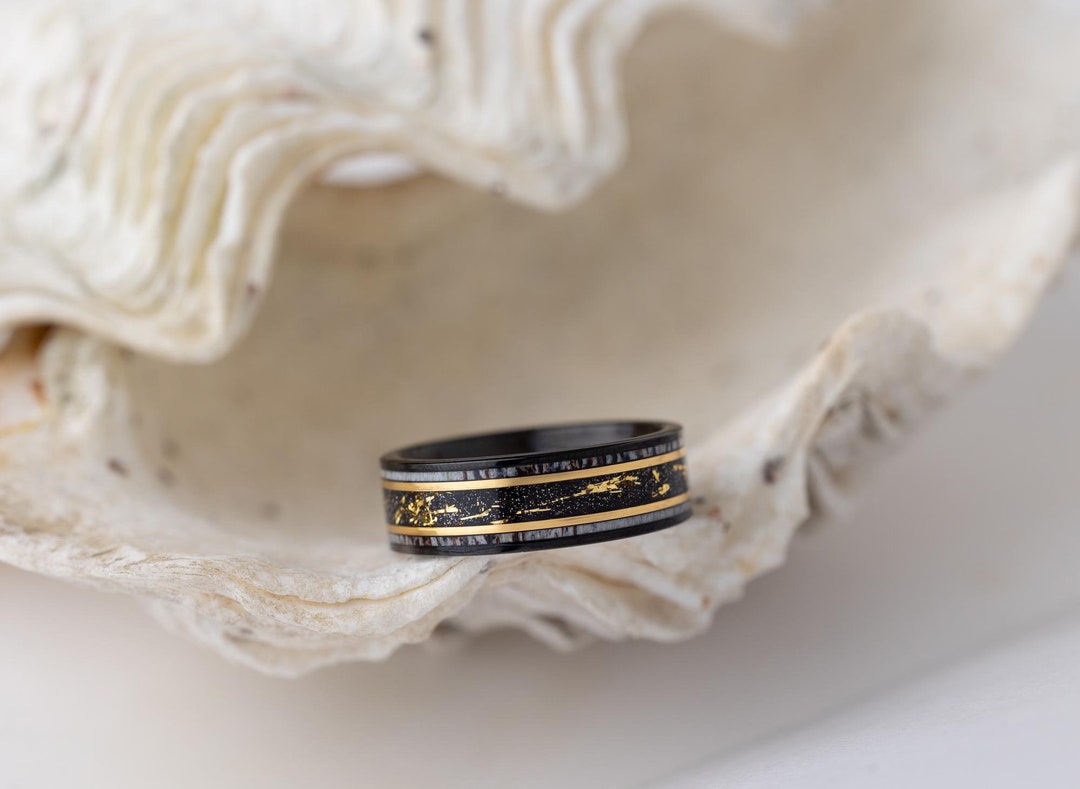 Cosmic Galaxy Tungsten Ring: Deer Antler Band, Gold Flake Inlay (8mm ...