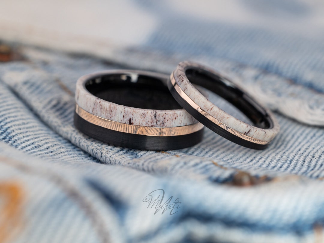 Deer Antler Ring Set: Black Tungsten Wedding Bands - Etsy