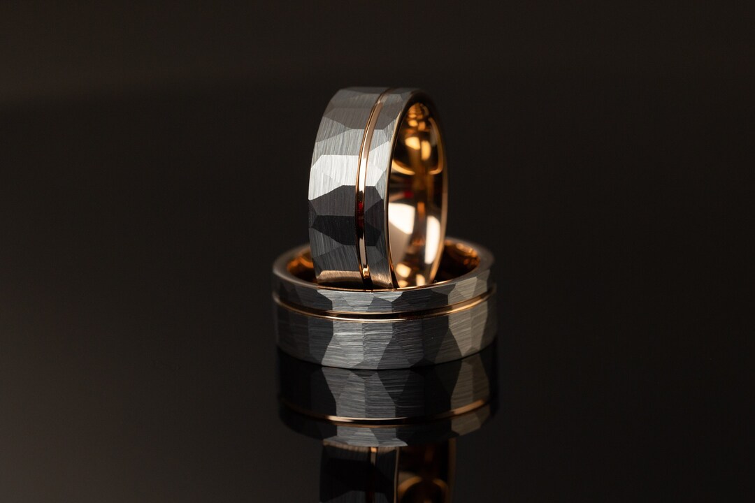 Tungsten Ring, Rose Gold Strip Band, Rose Gold Inlay Ring, Hammered Men ...