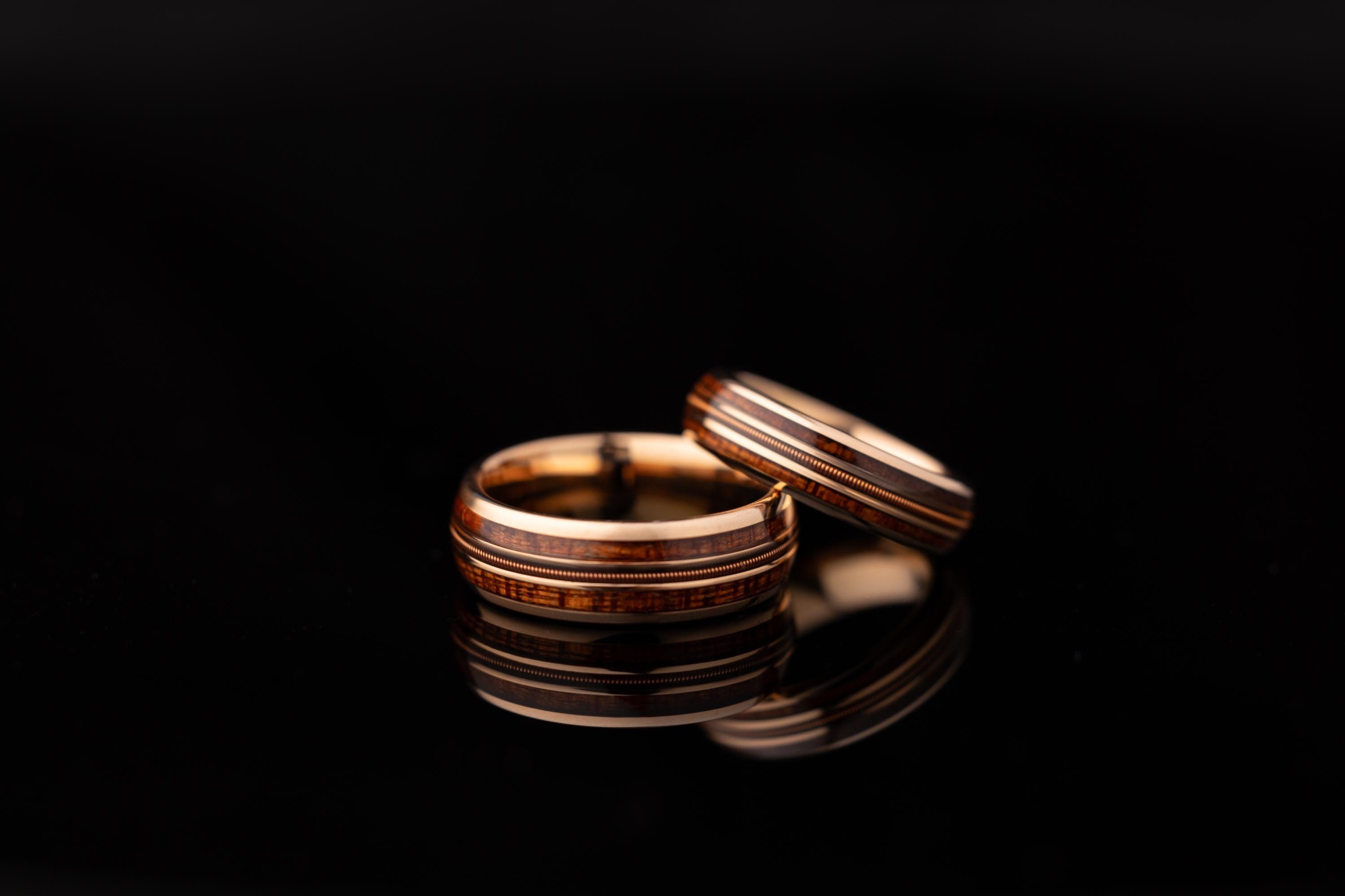 Guitar String Wedding Ring Set: Rose Gold Tungsten & Whiskey Barrel ...