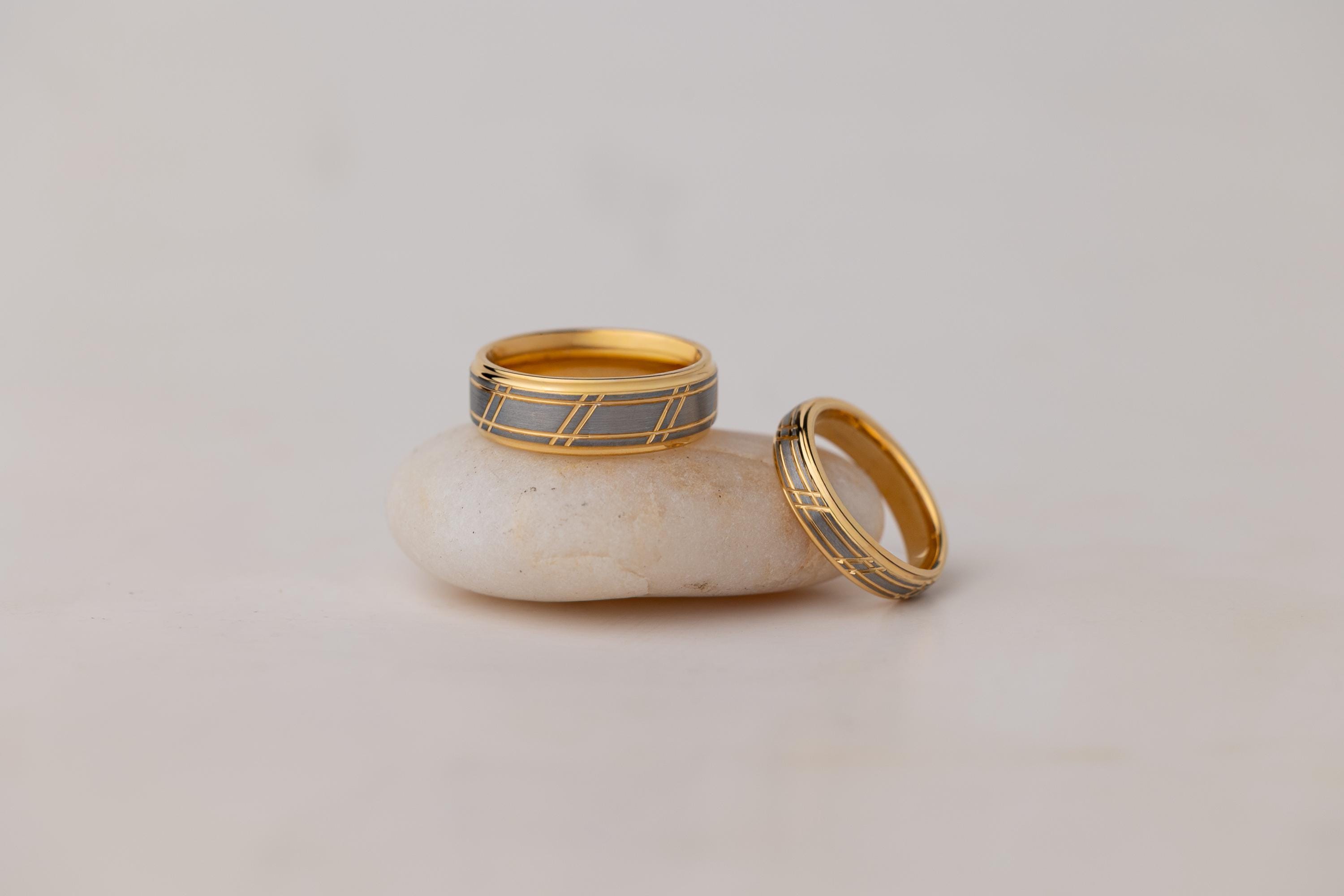 Brushed Tungsten Carbide Couple Rings: Yellow Gold-plated Slotted ...