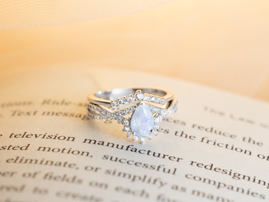 Pear Cut Moonstone Ring Set: Vintage Sterling Silver Promise Ring - Etsy