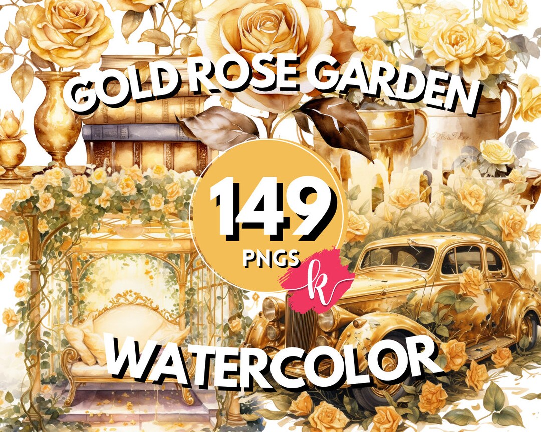 Golden Roses Watercolor Clipart Bundle, Gold Images, Beautiful Floral ...