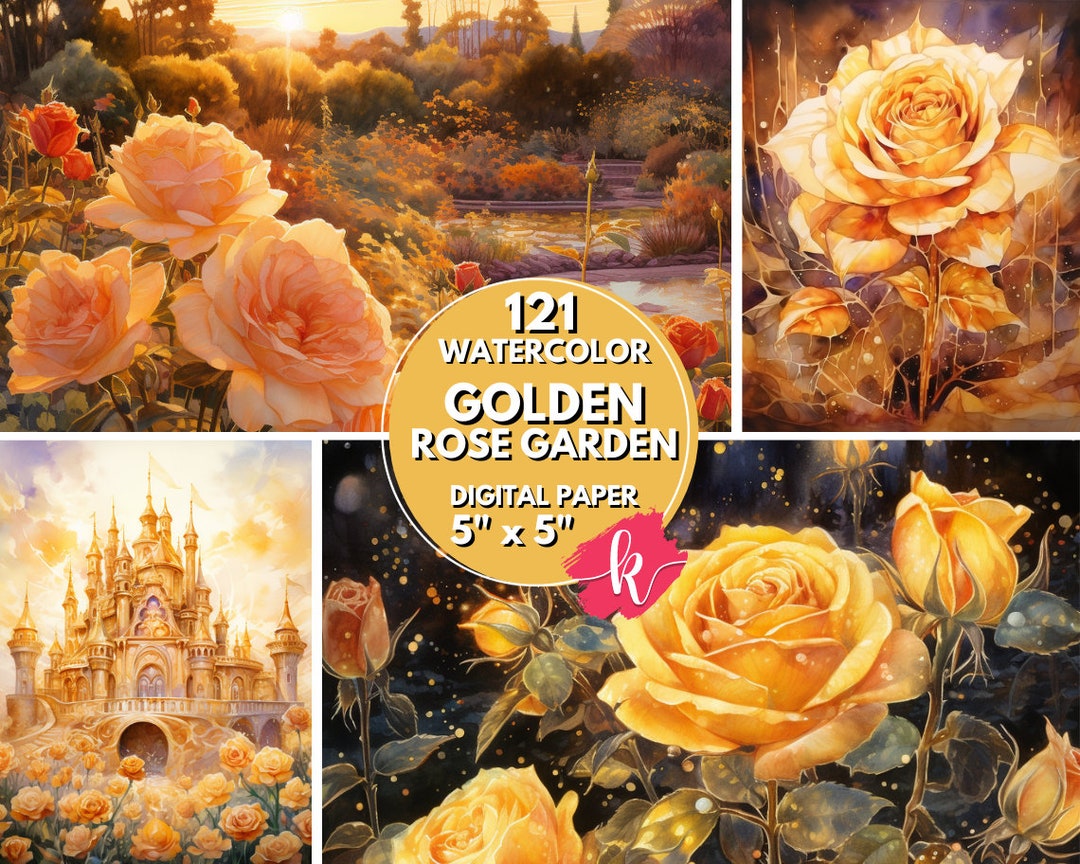 Golden Rose Garden Digital Paper, Rose Clipart, Watercolor Scrapbook ...