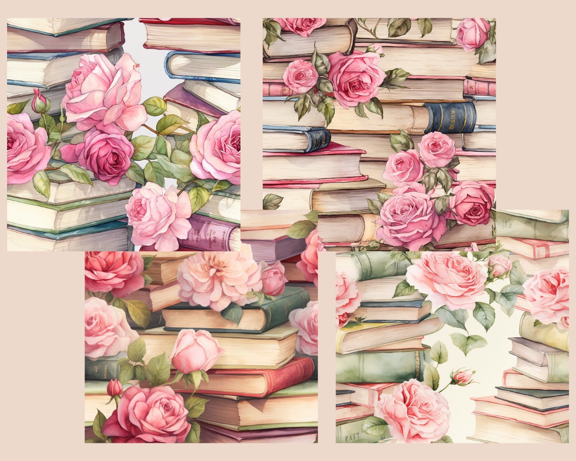 Pink Rose Books Digital Paper, Seamless Pattern, Floral Books, Retro ...