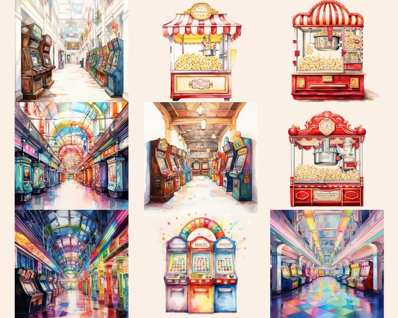 Arcade Game Watercolor Clipart Bundle, Retro Arcade Machine, Gaming ...