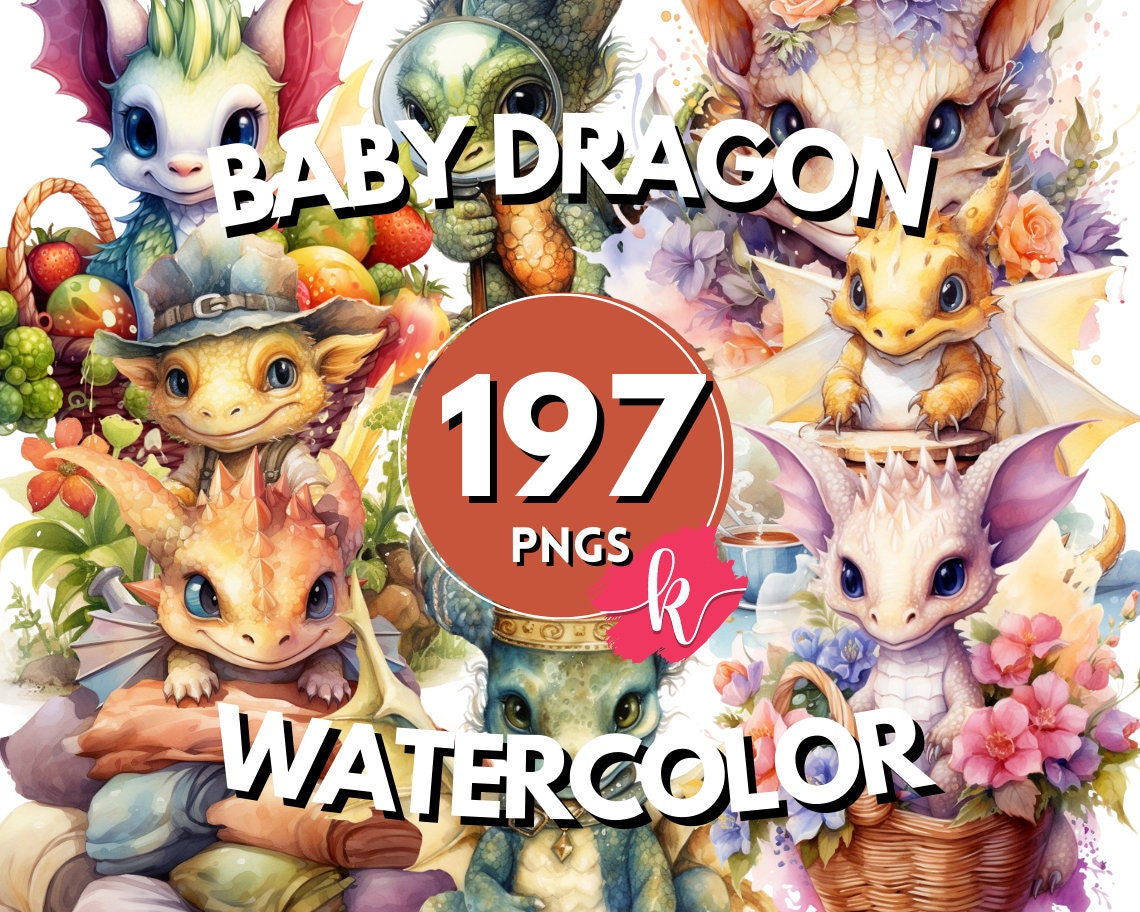 Baby Dragons Watercolor Clipart Bundle, Magical Fairytale Illustrations ...