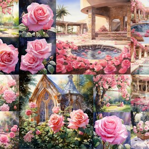 Pink Rose Garden Digital Paper, Rose Clipart, Watercolor Scrapbook ...