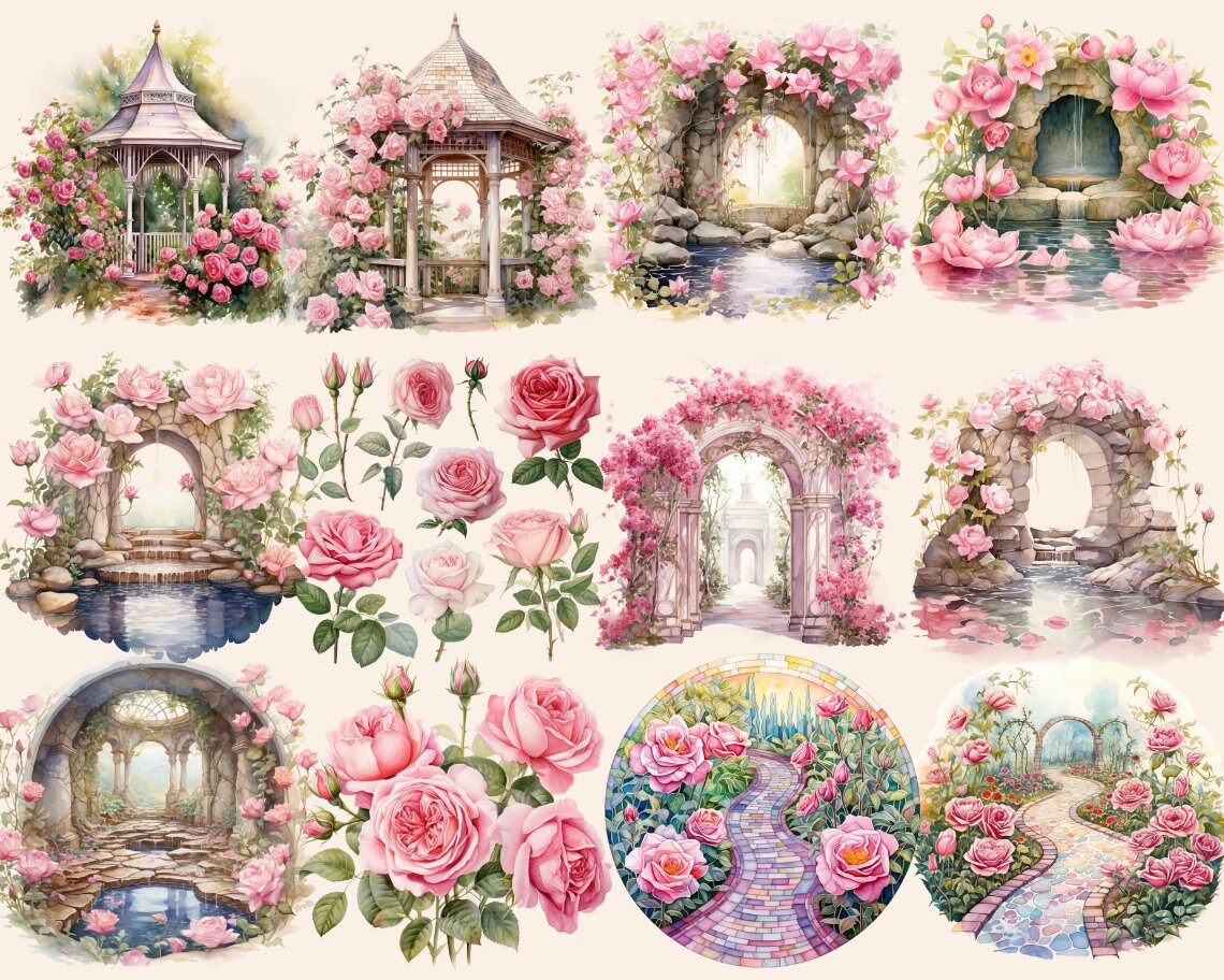 Pink Rose Garden Watercolor Clipart, Pink Rose Garden PNG, Pink Garden ...