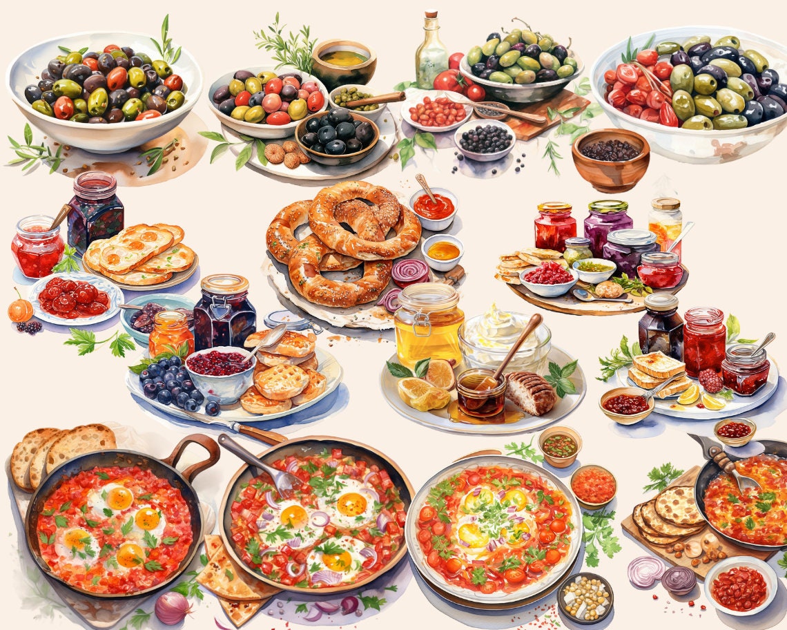 Turkish Breakfast Watercolor Clipart Food Clipart Turkey - Etsy
