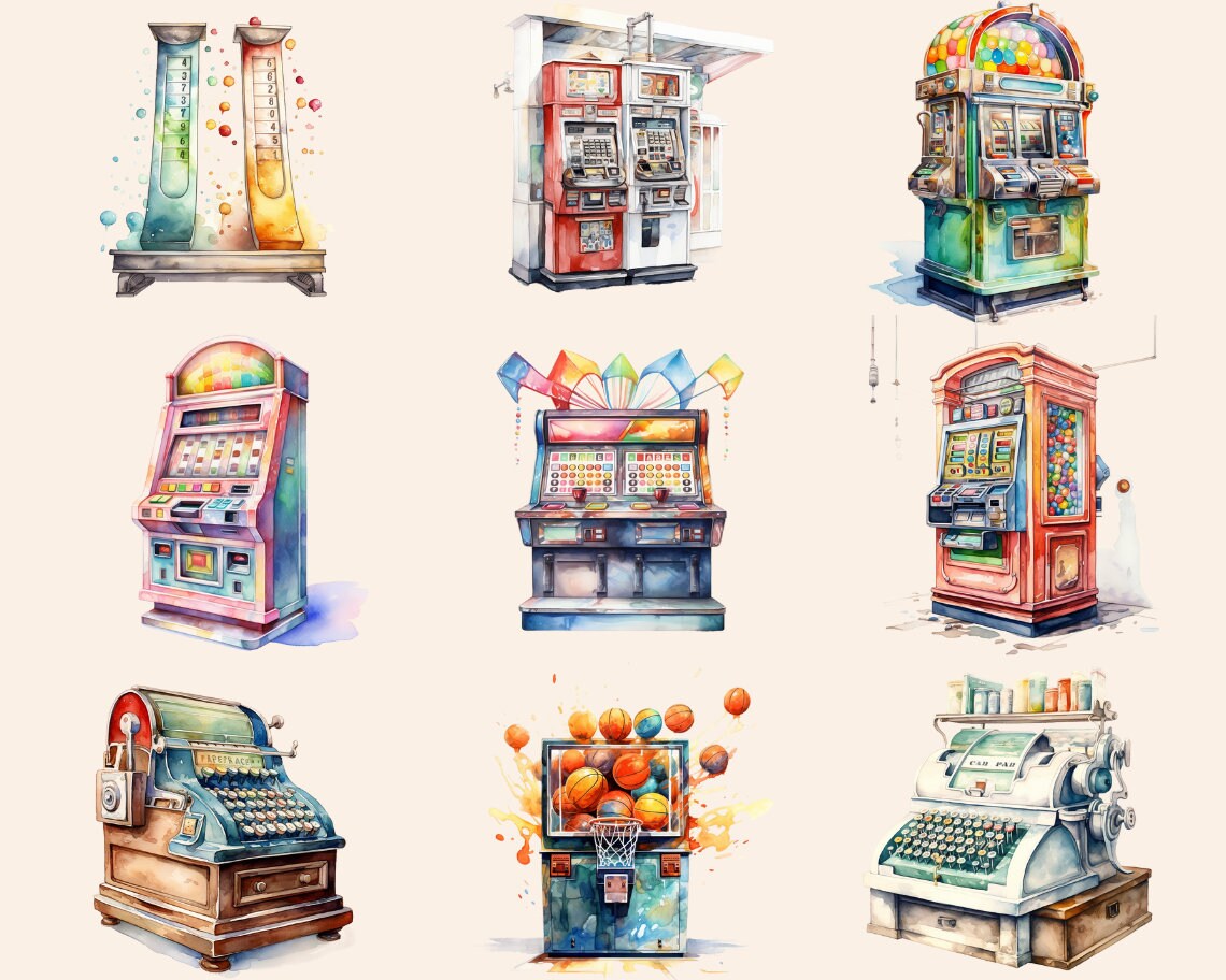 Arcade Game Watercolor Clipart Bundle, Retro Arcade Machine, Gaming ...