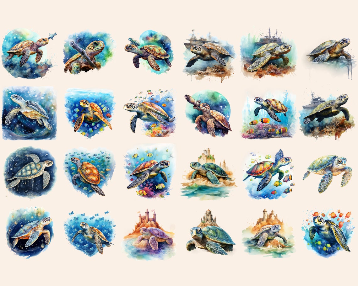 Sea Turtle Watercolor Clipart Bundle, Colorful Turtle, Nautical Clipart ...