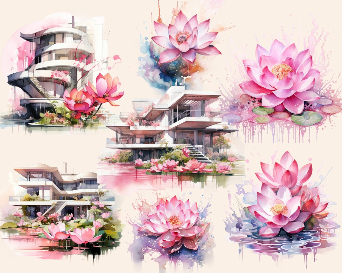 Lotus Flowers Watercolor Clipart Bundle 57 PNG Flower Images - Etsy