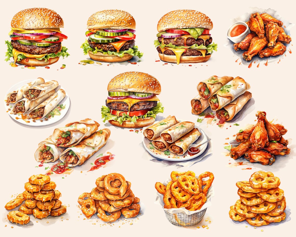 Fast Food Watercolor Clipart Bundle, Fast Food Clipart, Fast Food PNG ...