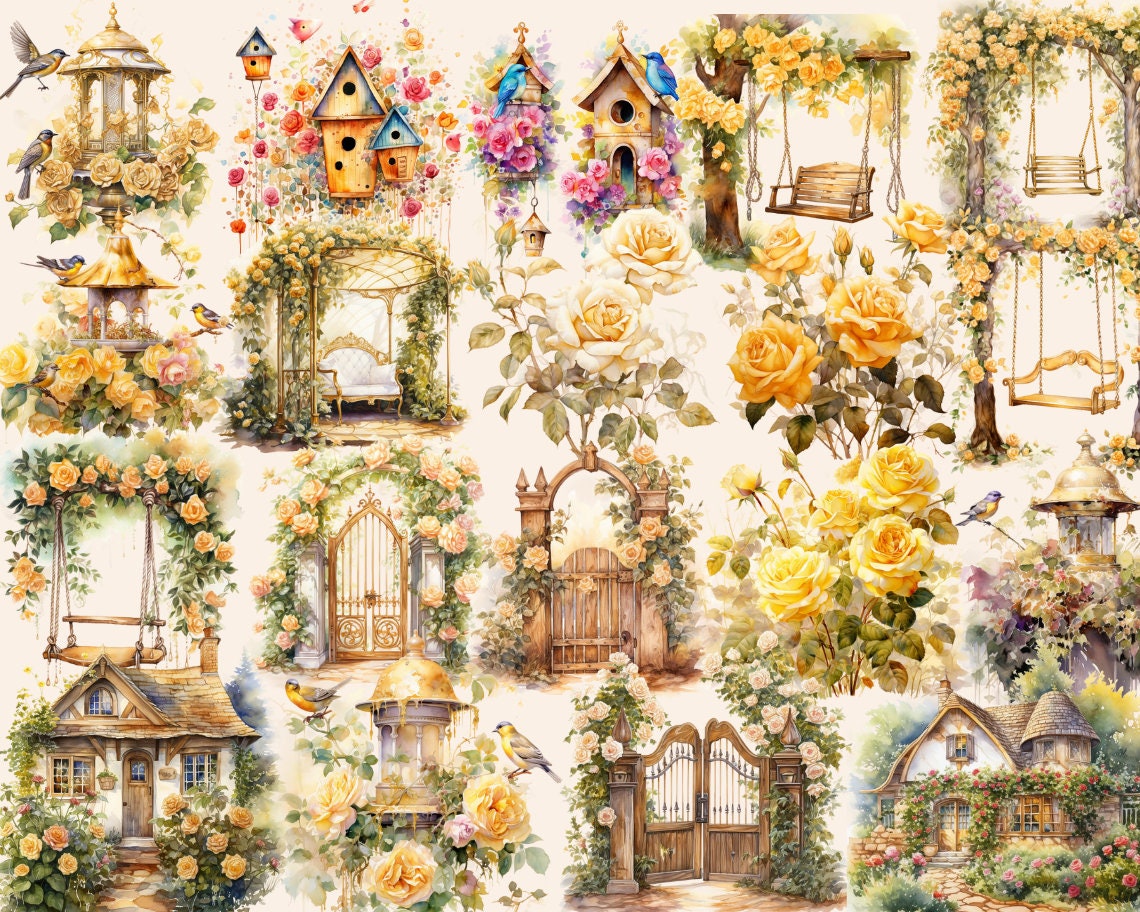 Golden Roses Watercolor Clipart Bundle, Gold Images, Beautiful Floral ...