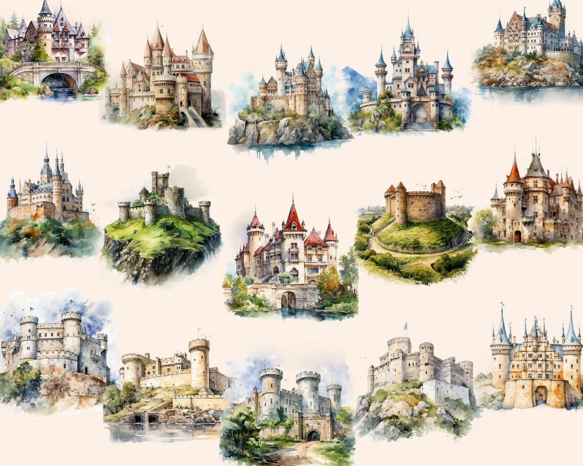 Castles Watercolor Clipart Castle Scenery Landscapes - Etsy
