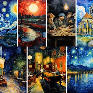 Van Gogh Painting Watercolor Digital Paper, Digital Art, Moon Clipart ...