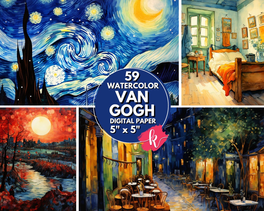 Van Gogh Painting Watercolor Digital Paper, Digital Art, Moon Clipart ...