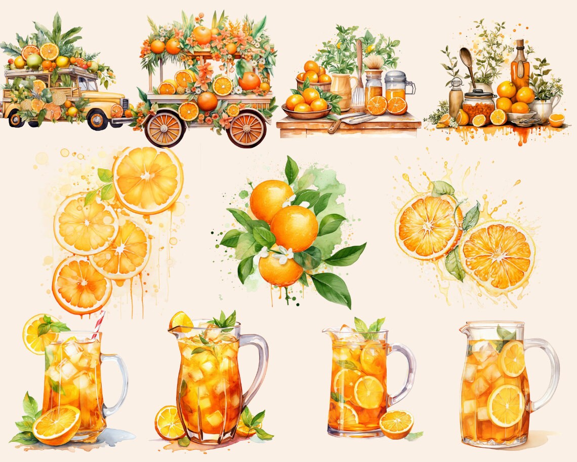 Oranges Watercolor Clipart Bundle, Images of Refreshing Summer Orange ...