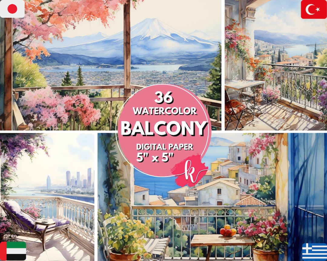Balcony Watercolor Digital Paper, Travel Digital Paper, Scrapbook Paper ...