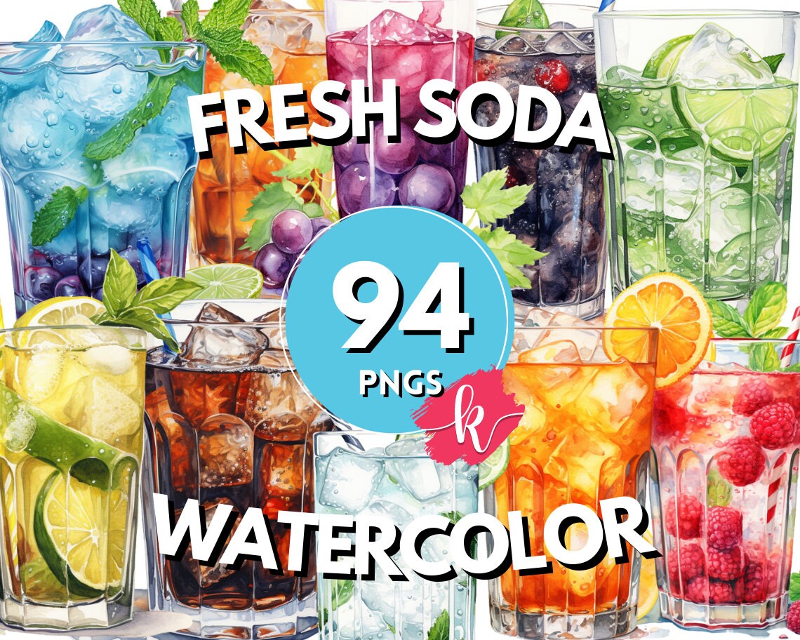 Fresh Soda Watercolor Clipart Bundle, Soda PNG, Soda Graphics, Summer ...