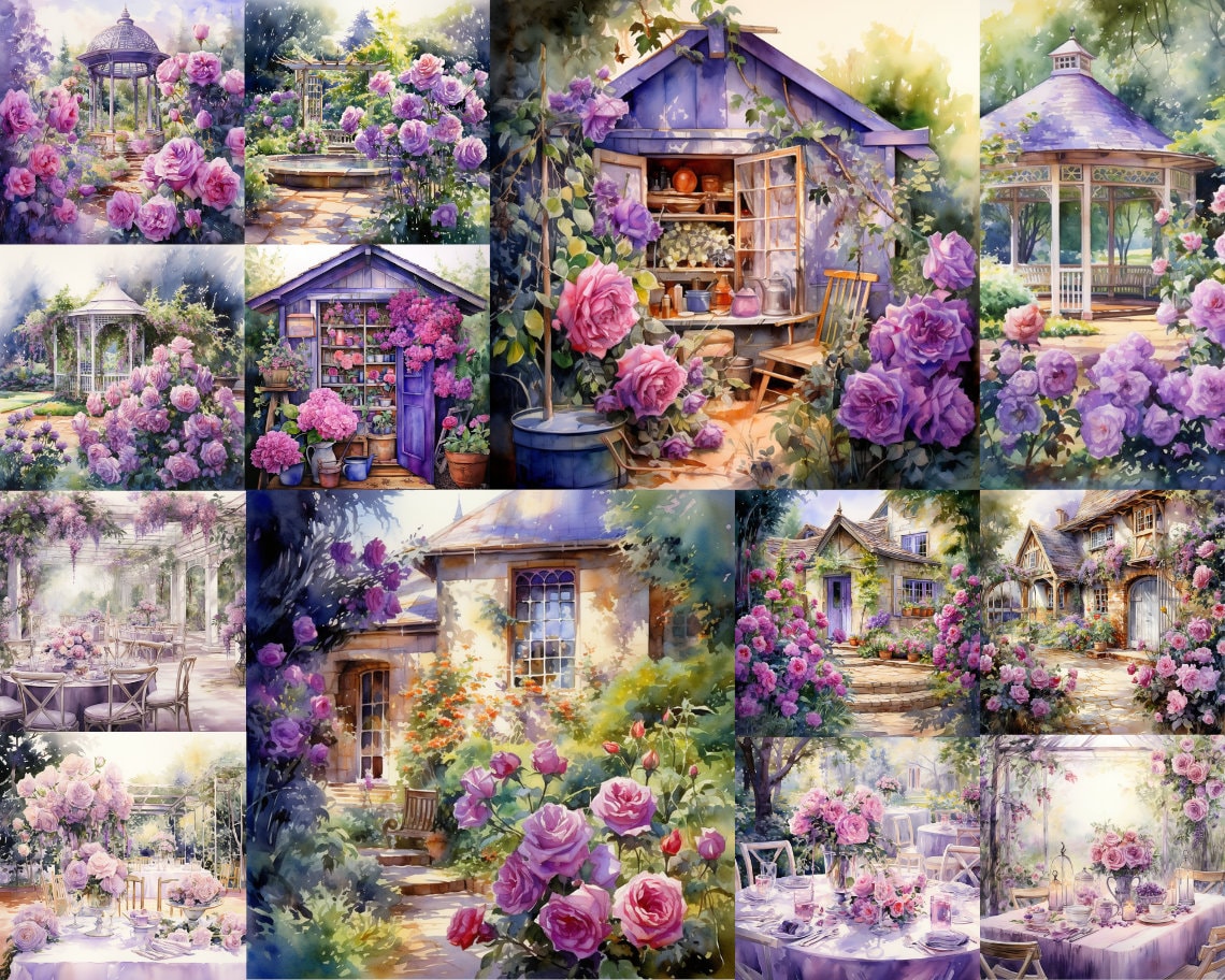 Purple Rose Garden Digital Paper Rose Clipart Watercolor - Etsy