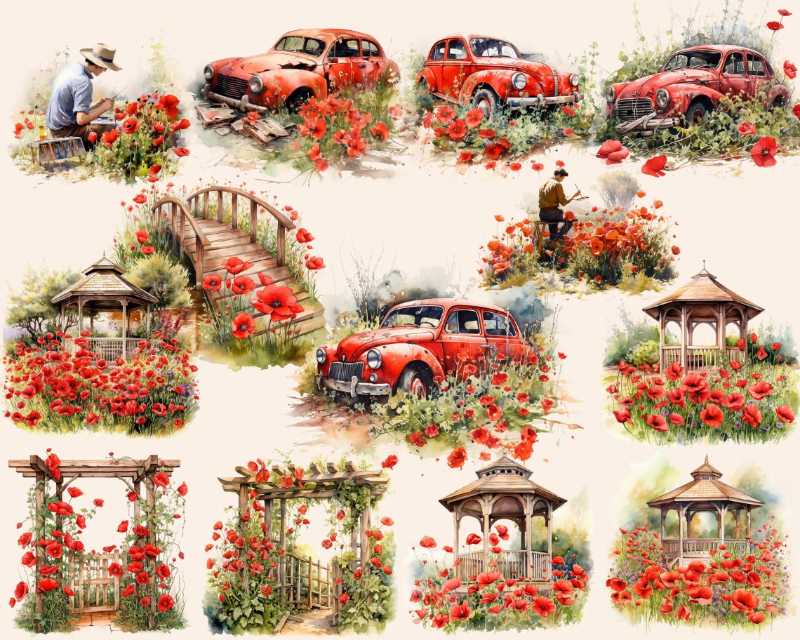 Poppy Garden Watercolor Clipart Bundle, Poppy Flowers Images, Flower ...