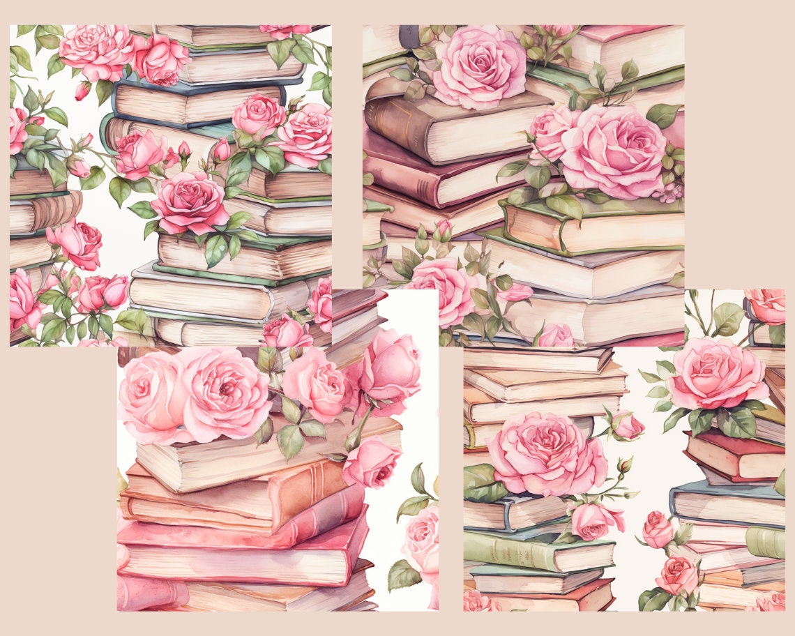 Pink Rose Books Digital Paper, Seamless Pattern, Floral Books, Retro ...