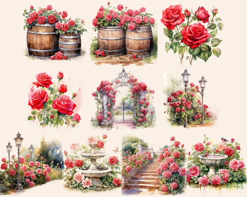 Red Rose Garden Watercolor Clipart, Flower Garden, Floral Clipart ...