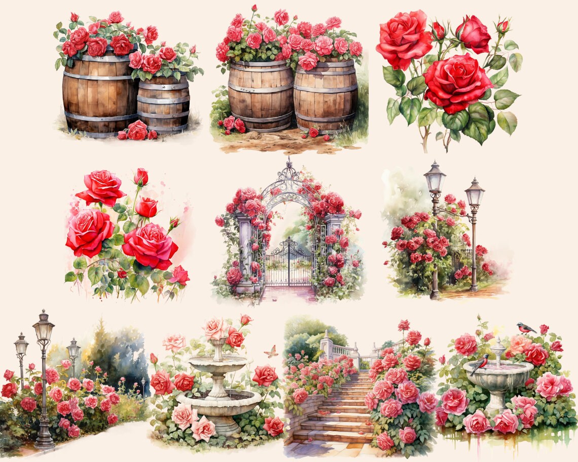 Red Rose Garden Watercolor Clipart, Flower Garden, Floral Clipart ...