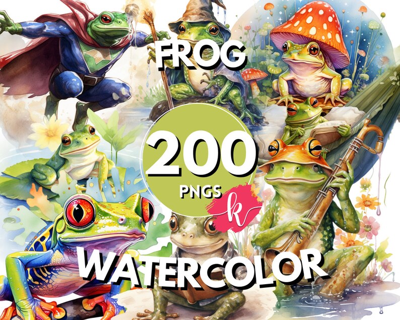 Frogs Watercolor Clipart Bundle, Frog Images, Green Toad Graphics, Lily Croaker Tidepools ...