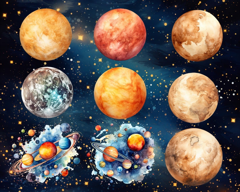 Planets Watercolor Clipart, Solar System Clipart, Milkyway Clipart ...